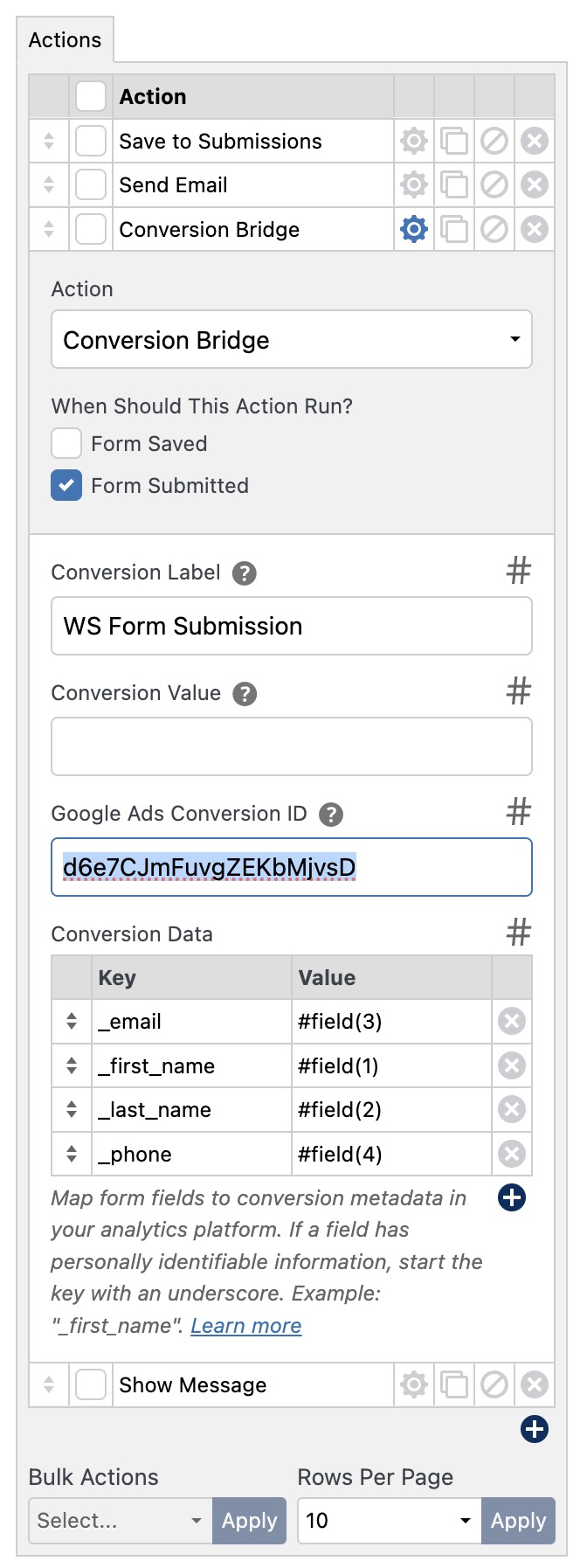 WS Form conversion tracking with Conversion Bridge